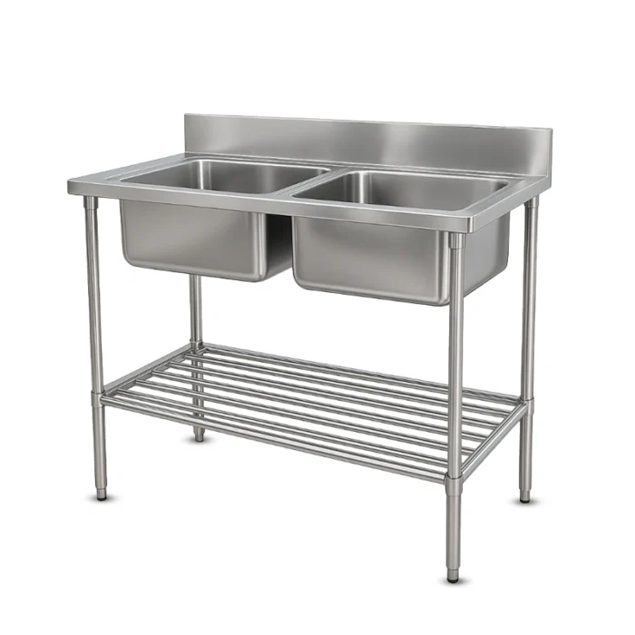 Stainless Steel 2 Sink Unit with Pipe Shelf - Stella Metal